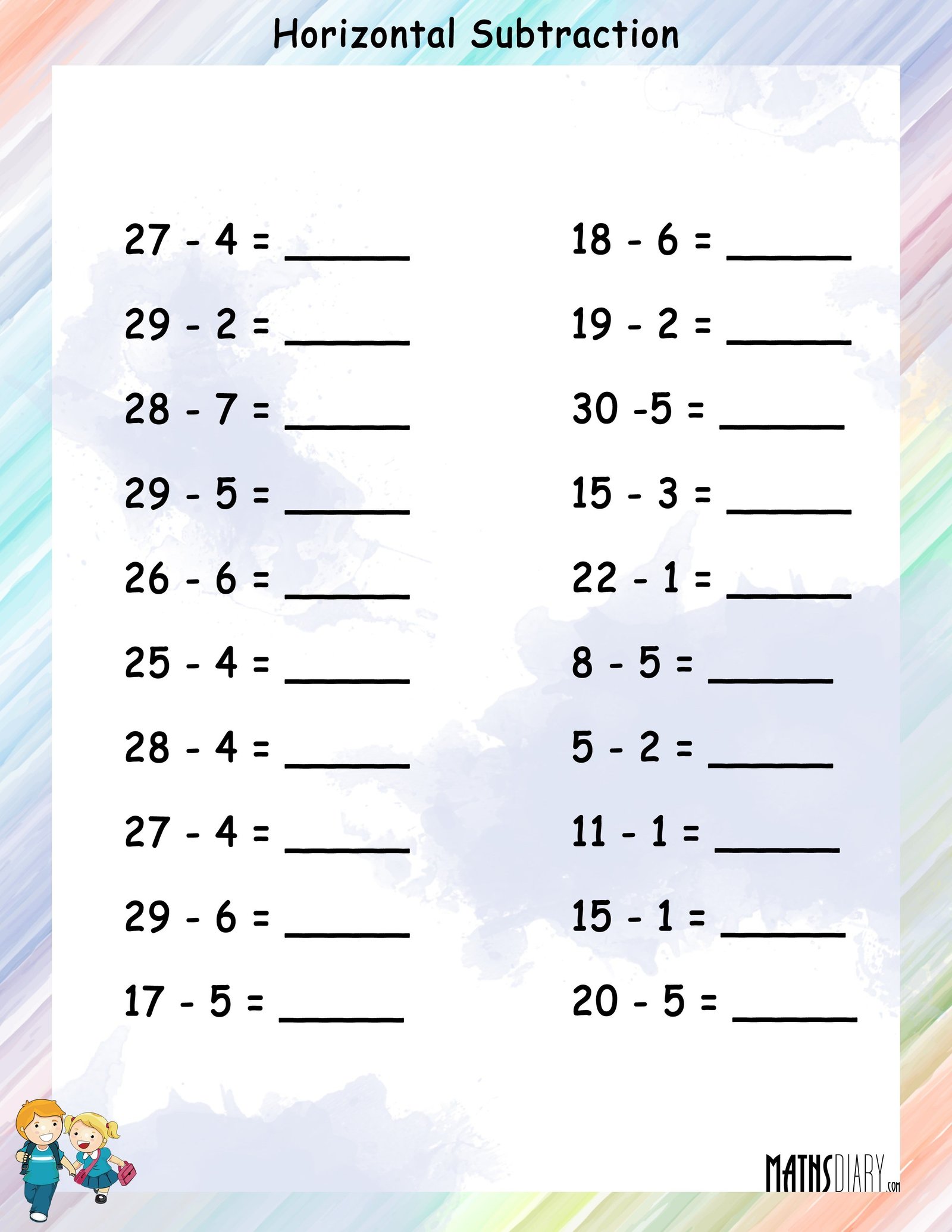 Subtracting Horizontally Horizontal Subtraction Math Worksheets Subtracting Horizontally Horizontal Subtraction Math Worksheets