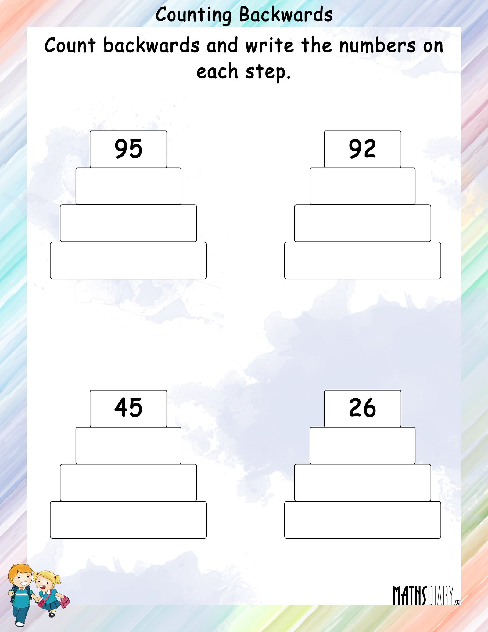 Backwards counting - Math Worksheets - MathsDiary.com Backwards counting - Math Worksheets - MathsDiary.com