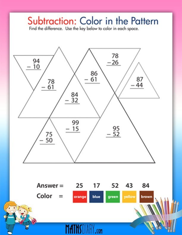 Subtraction and coloring worksheets - Math Worksheets - MathsDiary.com