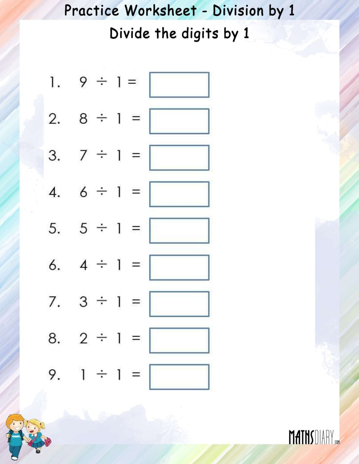 Division by 1-9 practice Worksheets - Math Worksheets - MathsDiary.com