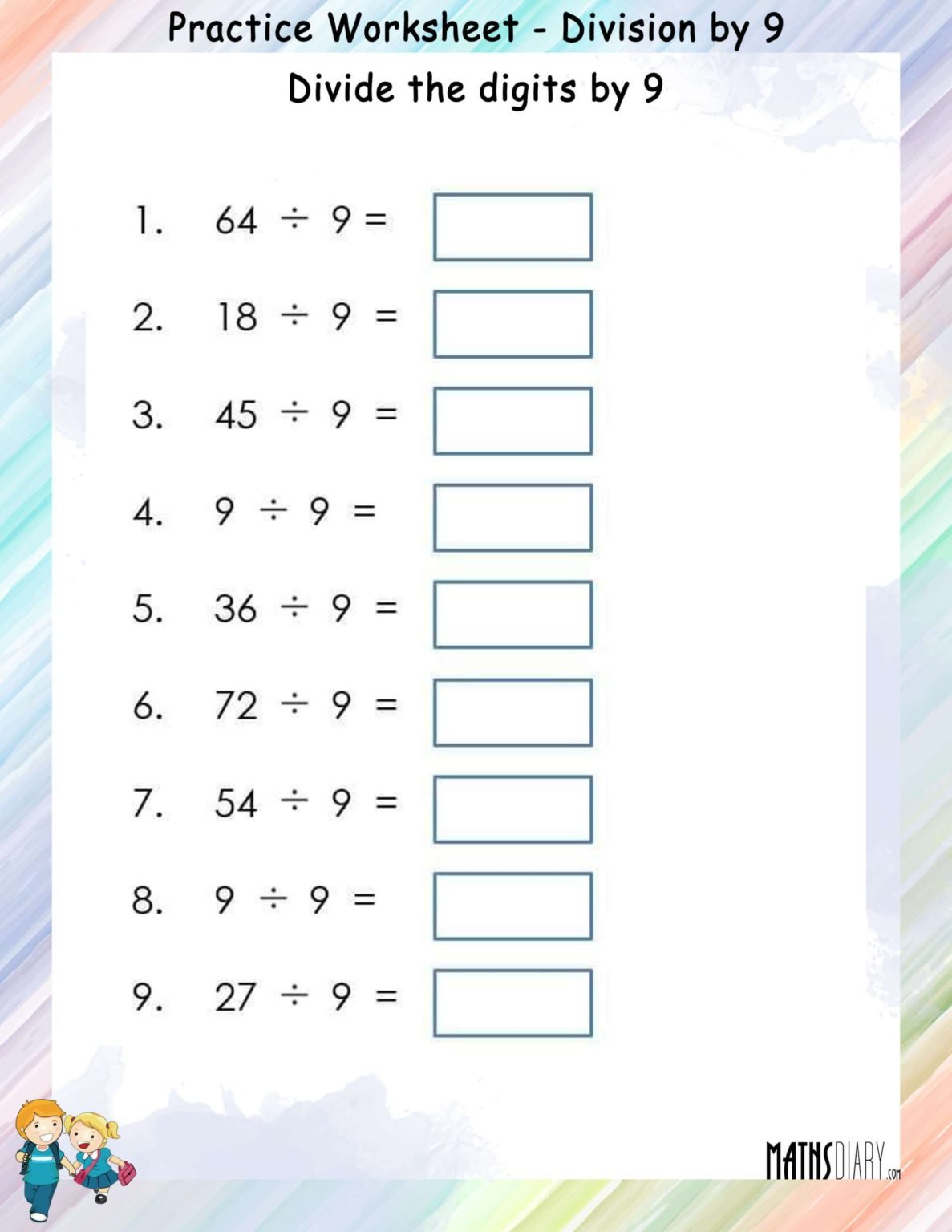 Division by 1-9 practice Worksheets - Math Worksheets - MathsDiary.com