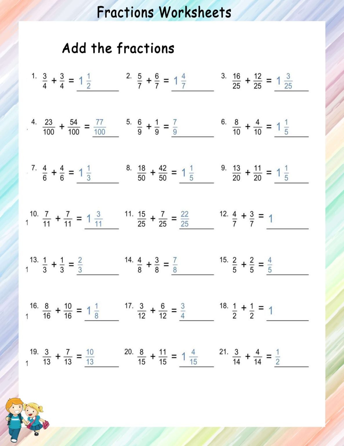 Adding Like Fractions - Math Worksheets - MathsDiary.com