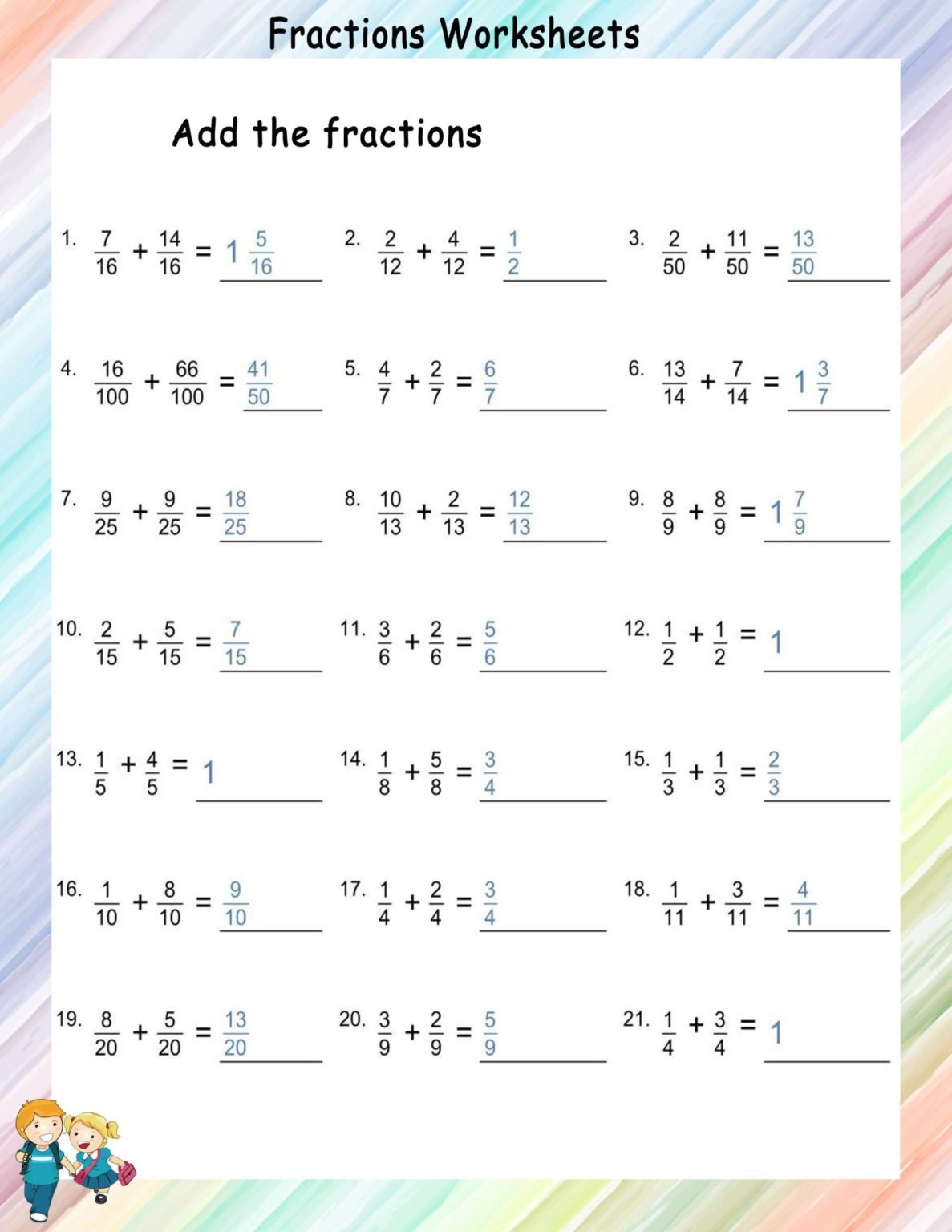 Adding Like Fractions - Math Worksheets - MathsDiary.com