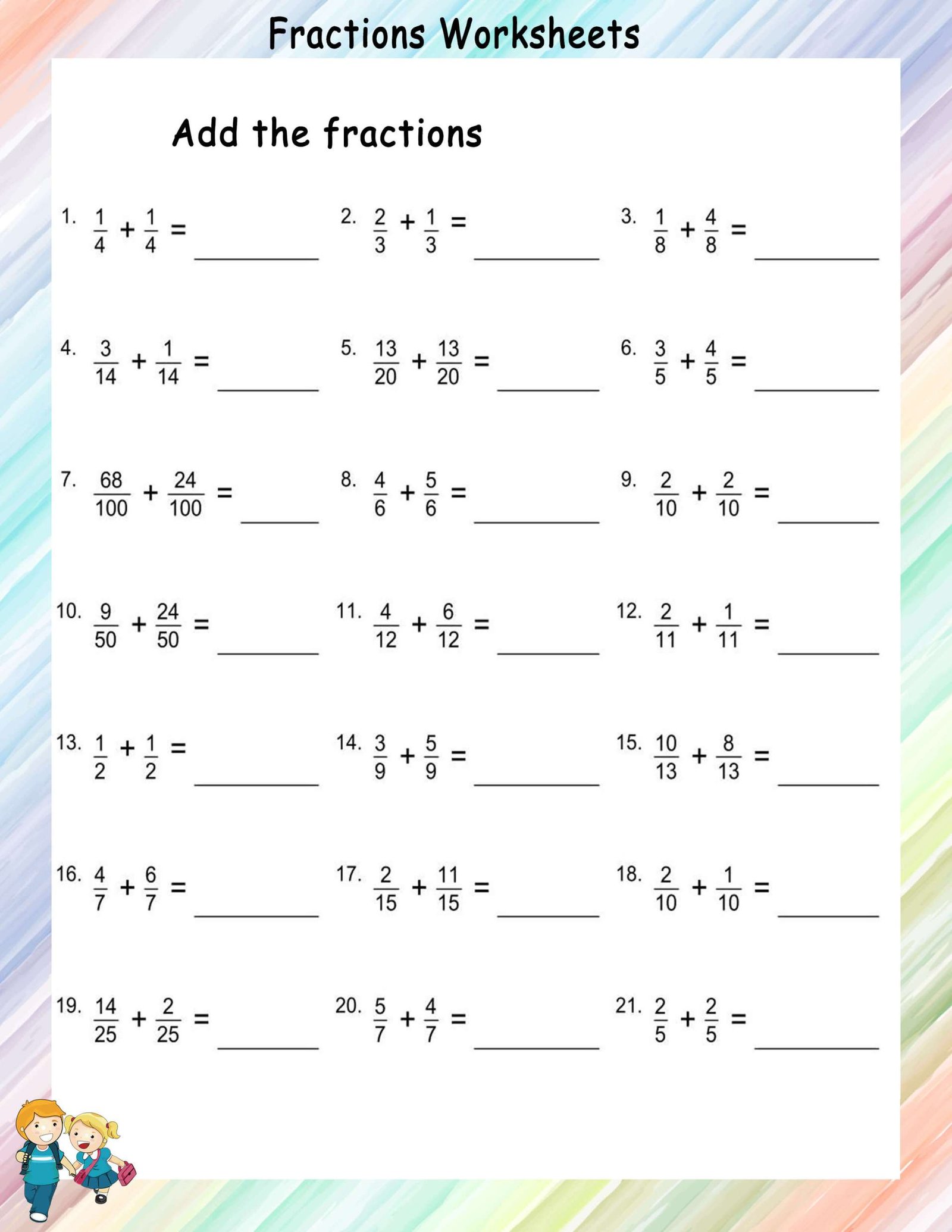 Adding Like Fractions Math Worksheets MathsDiary