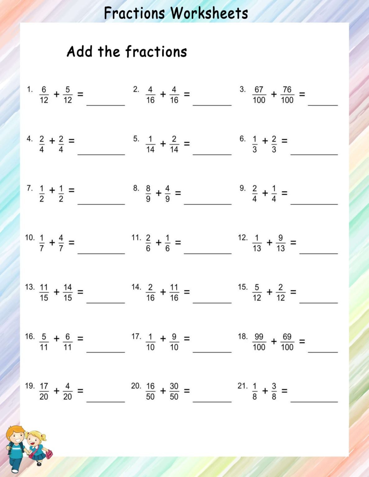 Adding Like Fractions - Math Worksheets - MathsDiary.com
