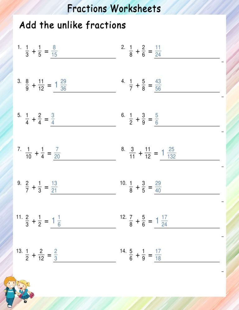 Adding unlike fractions - Math Worksheets - MathsDiary.com