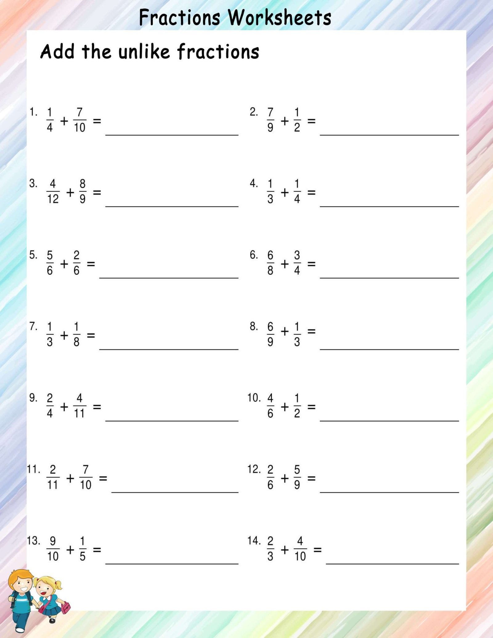 Adding Unlike Fractions Math Worksheets MathsDiary Adding Unlike Fractions Math Worksheets MathsDiary