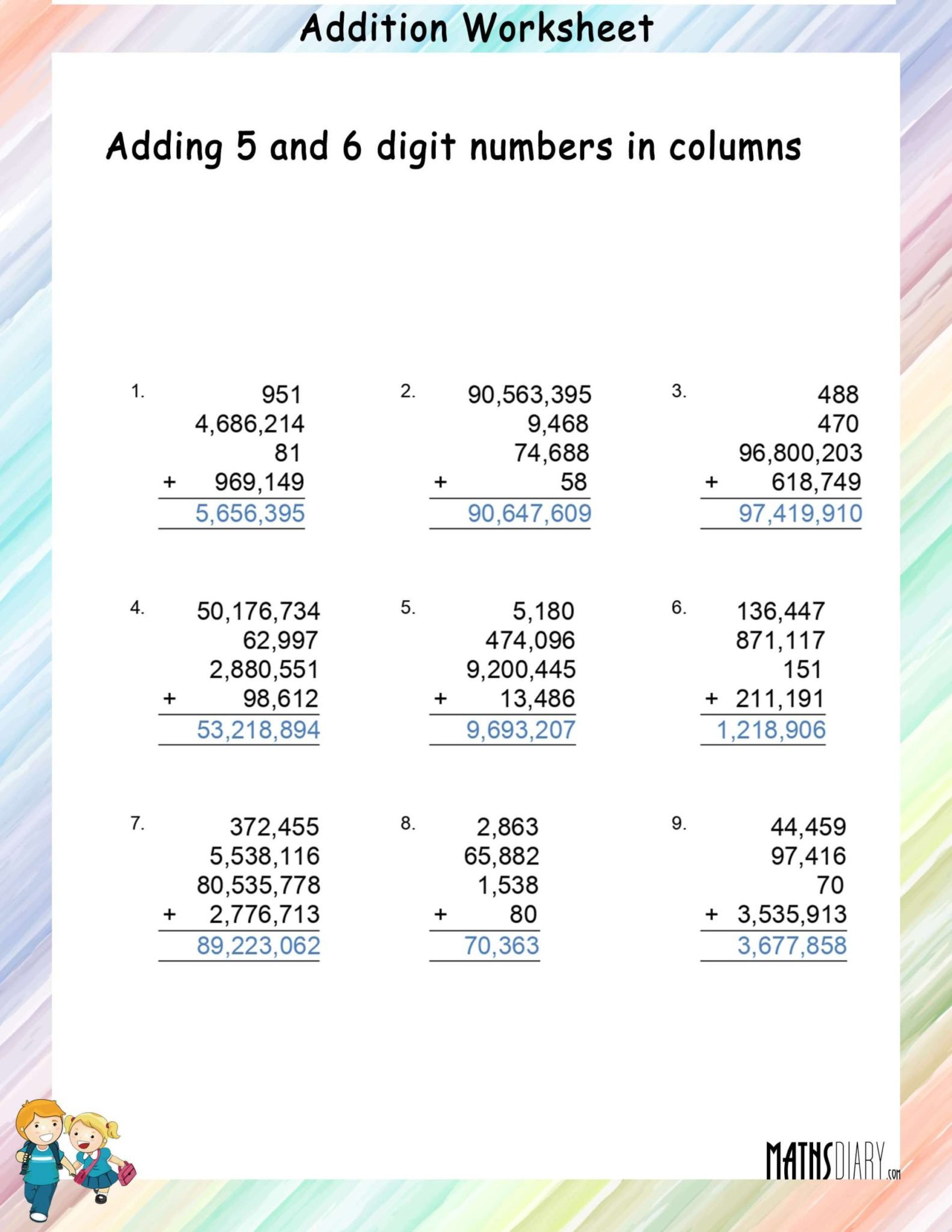 Adding 5 and 6 digit numbers in columns Worksheets - Math Worksheets ...