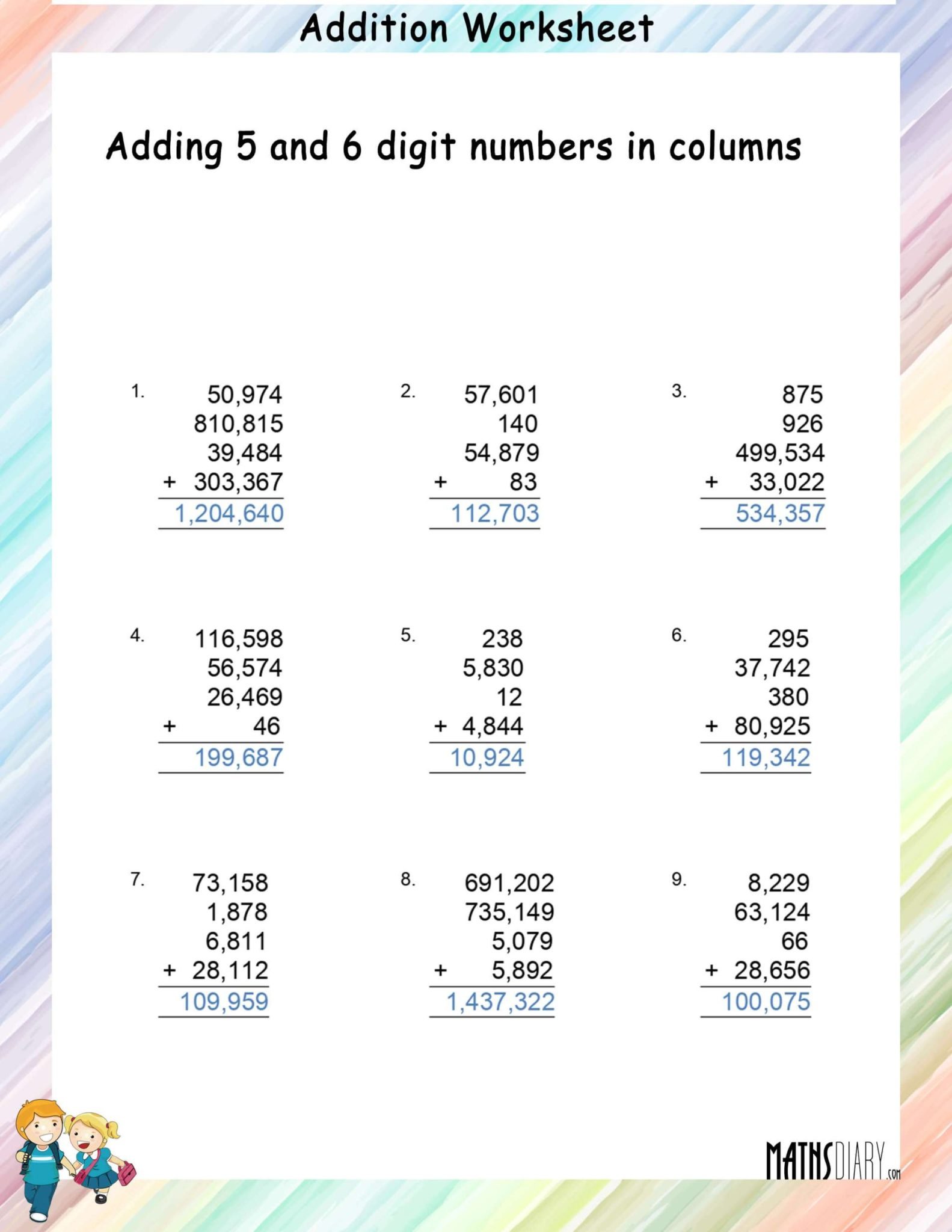Adding 5 and 6 digit numbers in columns Worksheets - Math Worksheets ...