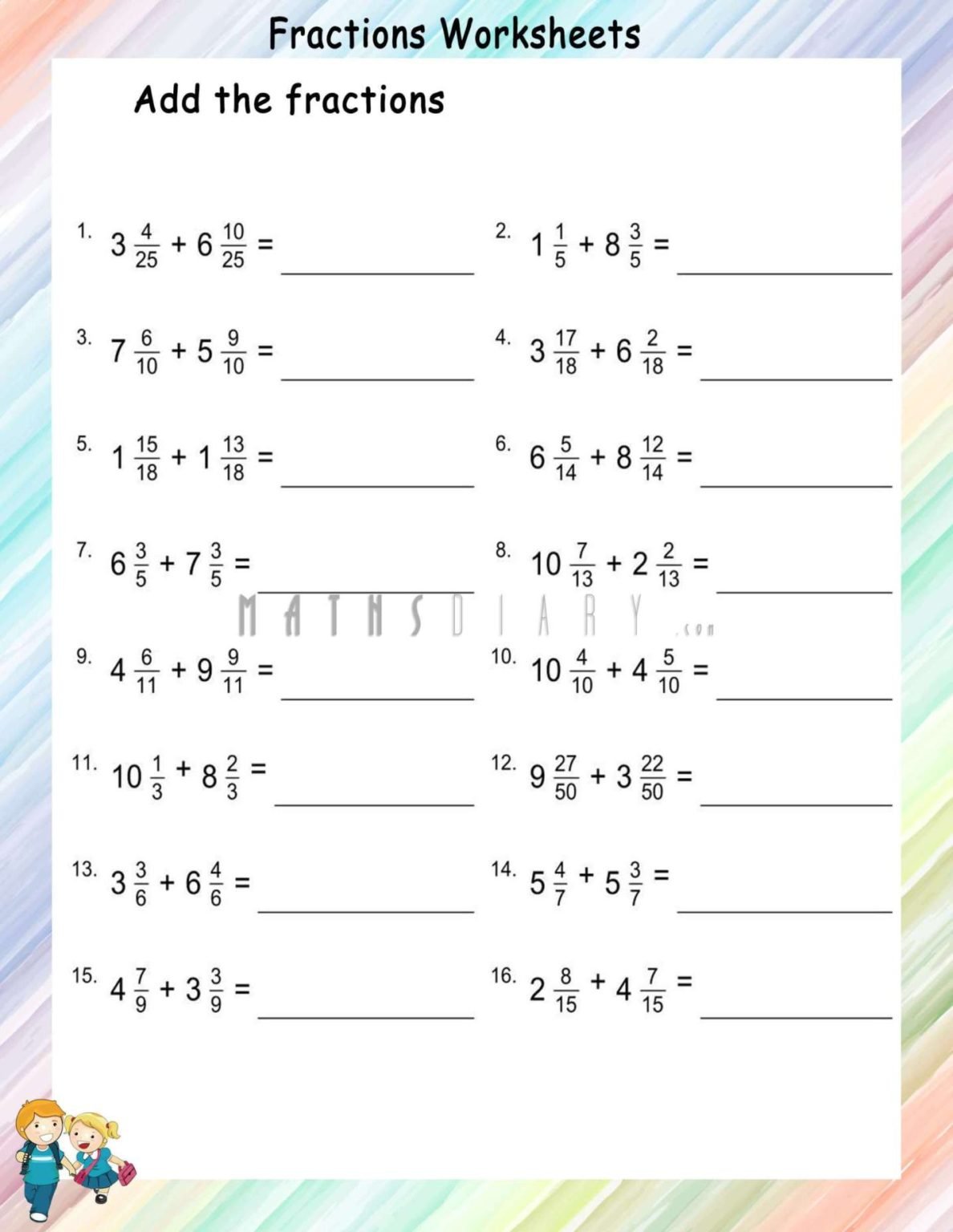 Adding Mixed like fractions - Math Worksheets - MathsDiary.com