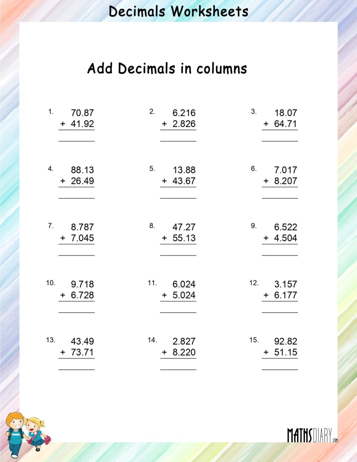 Addition of Decimals in columns - Math Worksheets - MathsDiary.com