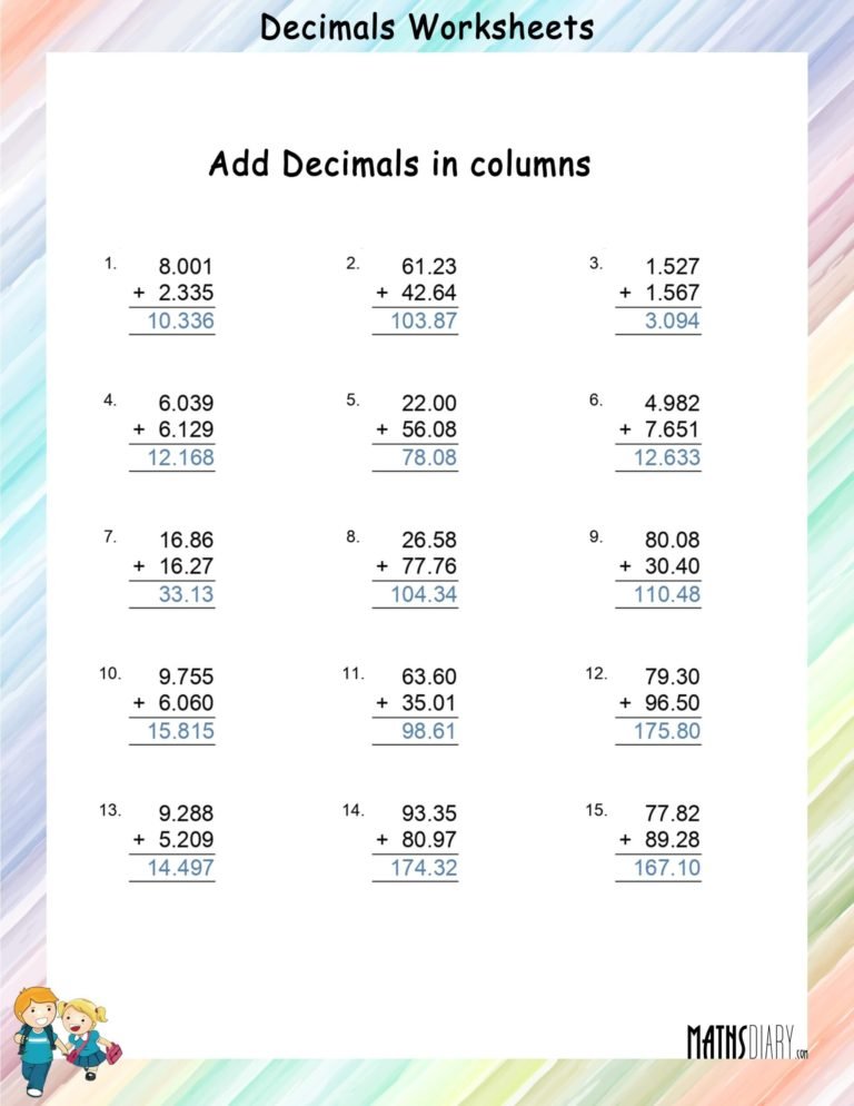 Addition of Decimals in columns - Math Worksheets - MathsDiary.com