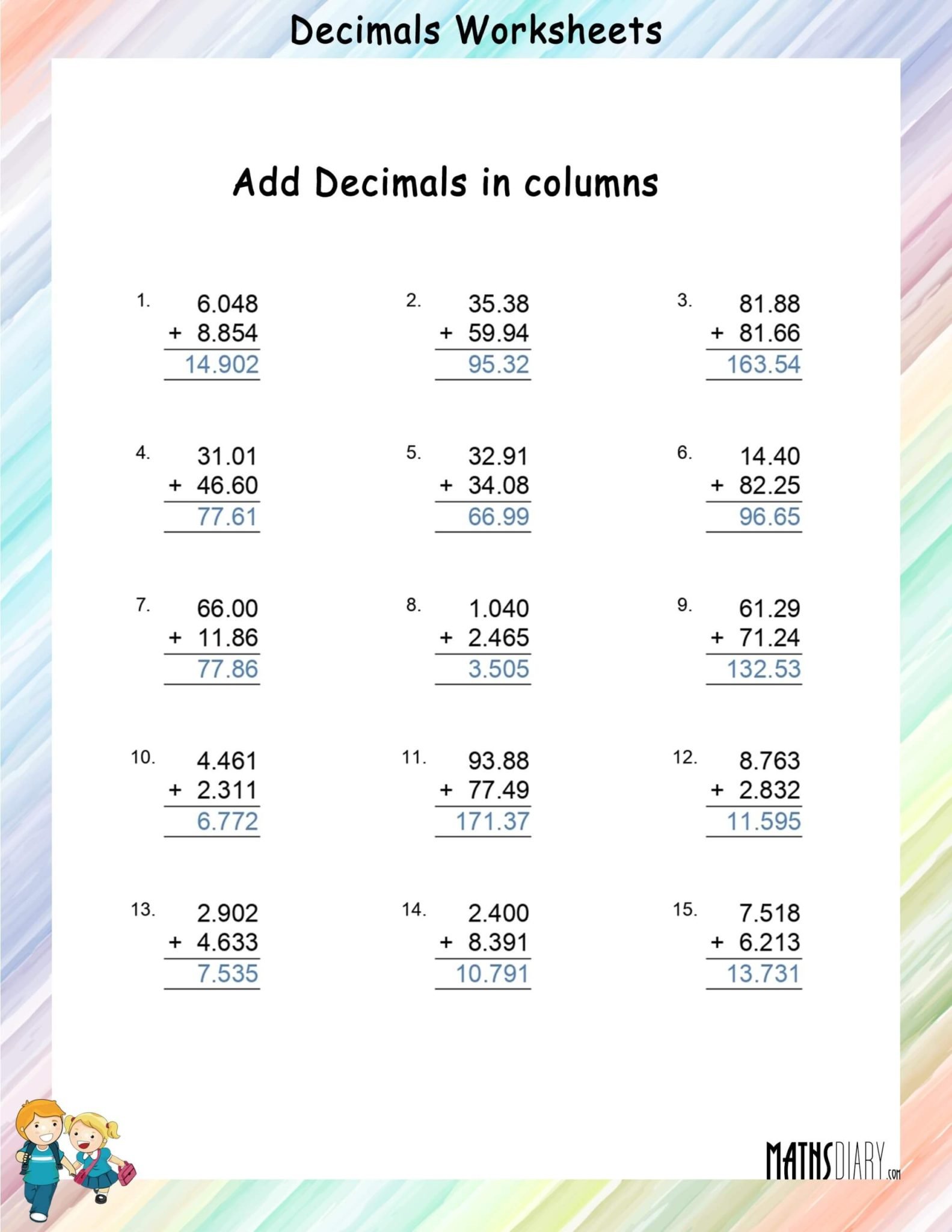 Addition of Decimals in columns - Math Worksheets - MathsDiary.com