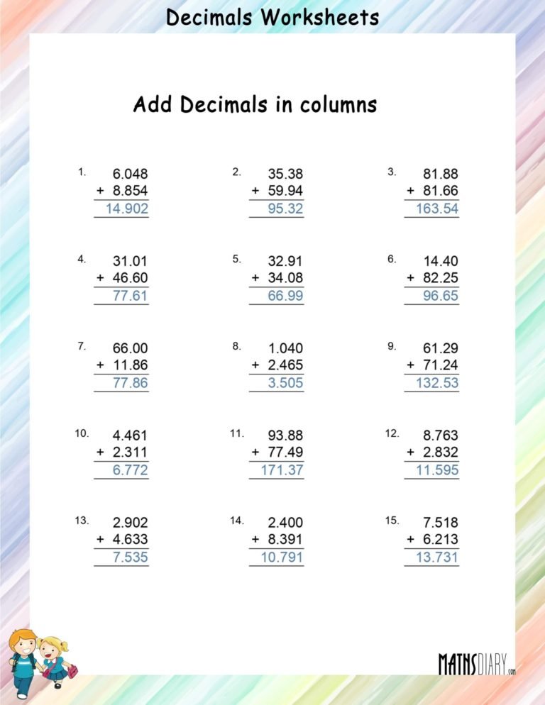 Addition of Decimals in columns - Math Worksheets - MathsDiary.com