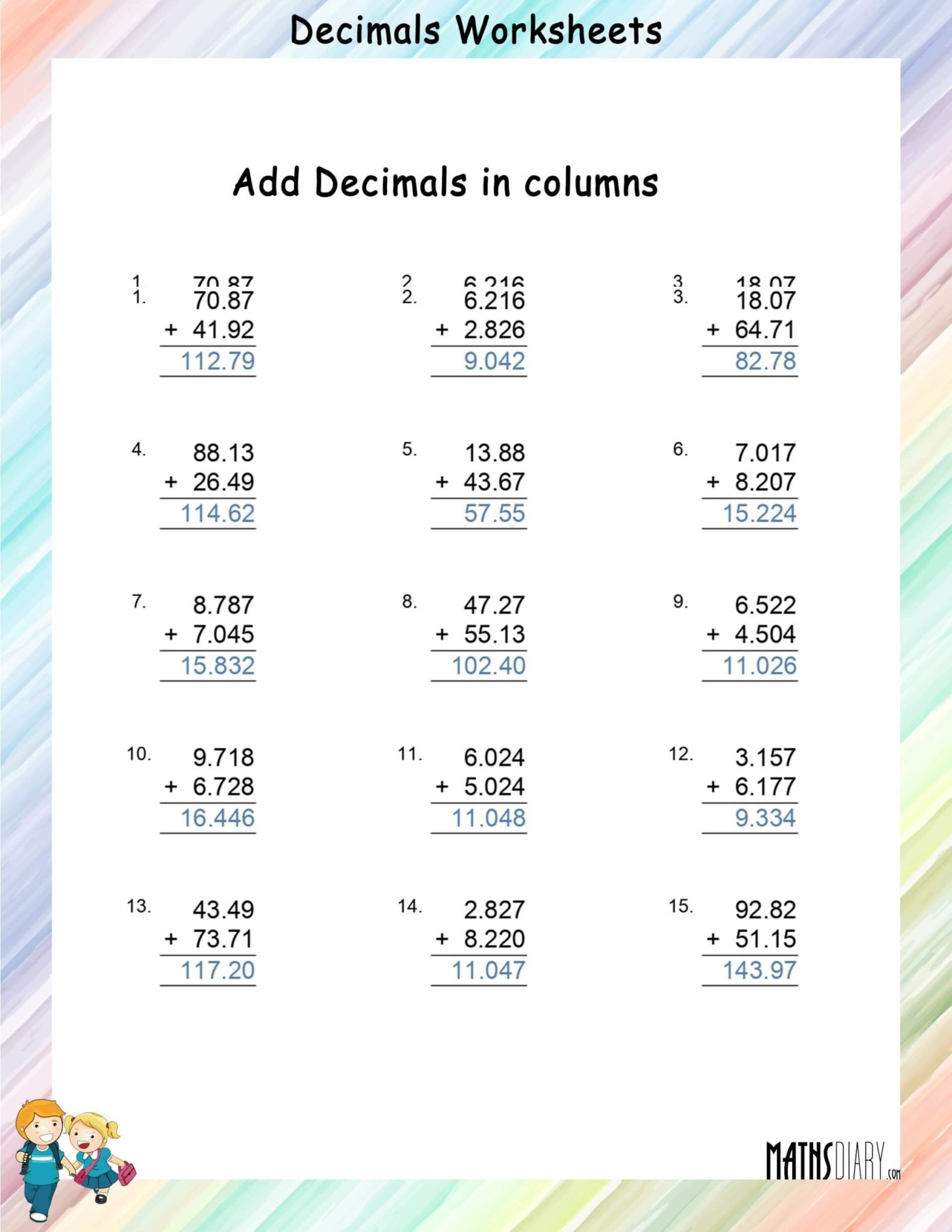 Addition of Decimals in columns - Math Worksheets - MathsDiary.com