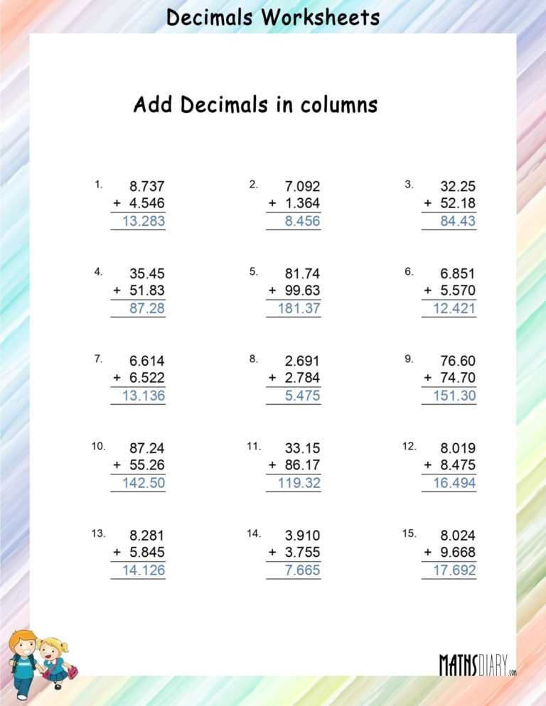 Addition of Decimals in columns - Math Worksheets - MathsDiary.com