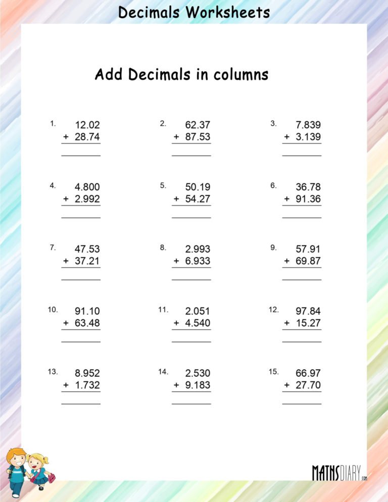 Addition of Decimals in columns - Math Worksheets - MathsDiary.com