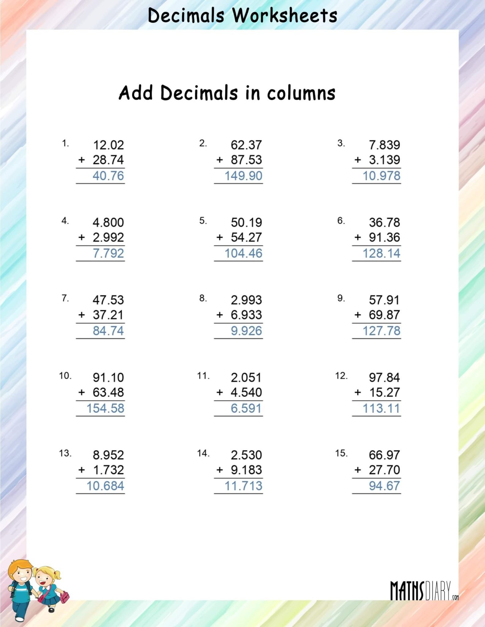 Addition of Decimals in columns - Math Worksheets - MathsDiary.com