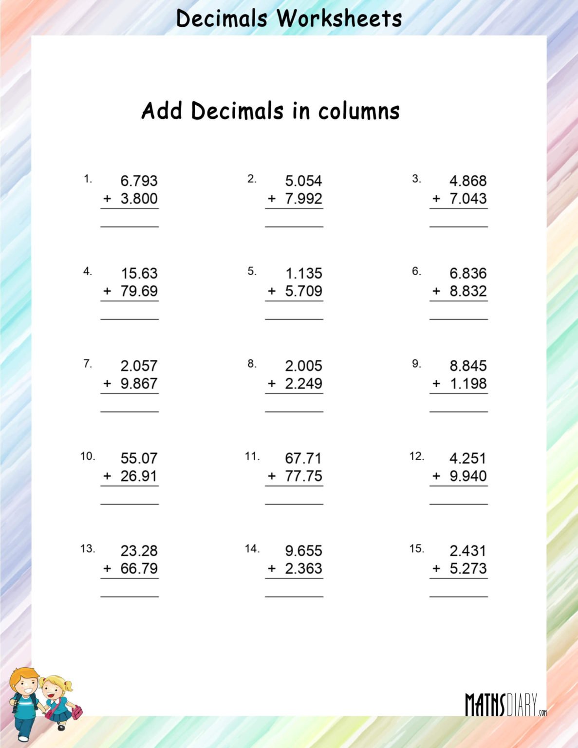 Addition of Decimals in columns - Math Worksheets - MathsDiary.com