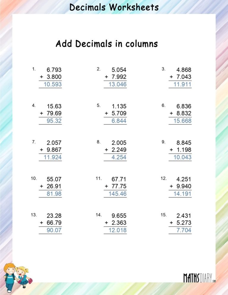 Addition of Decimals in columns - Math Worksheets - MathsDiary.com