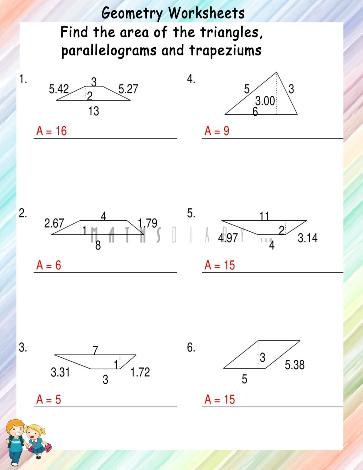 Area of triangles, parallelograms and trapeziums worksheets - Math ...