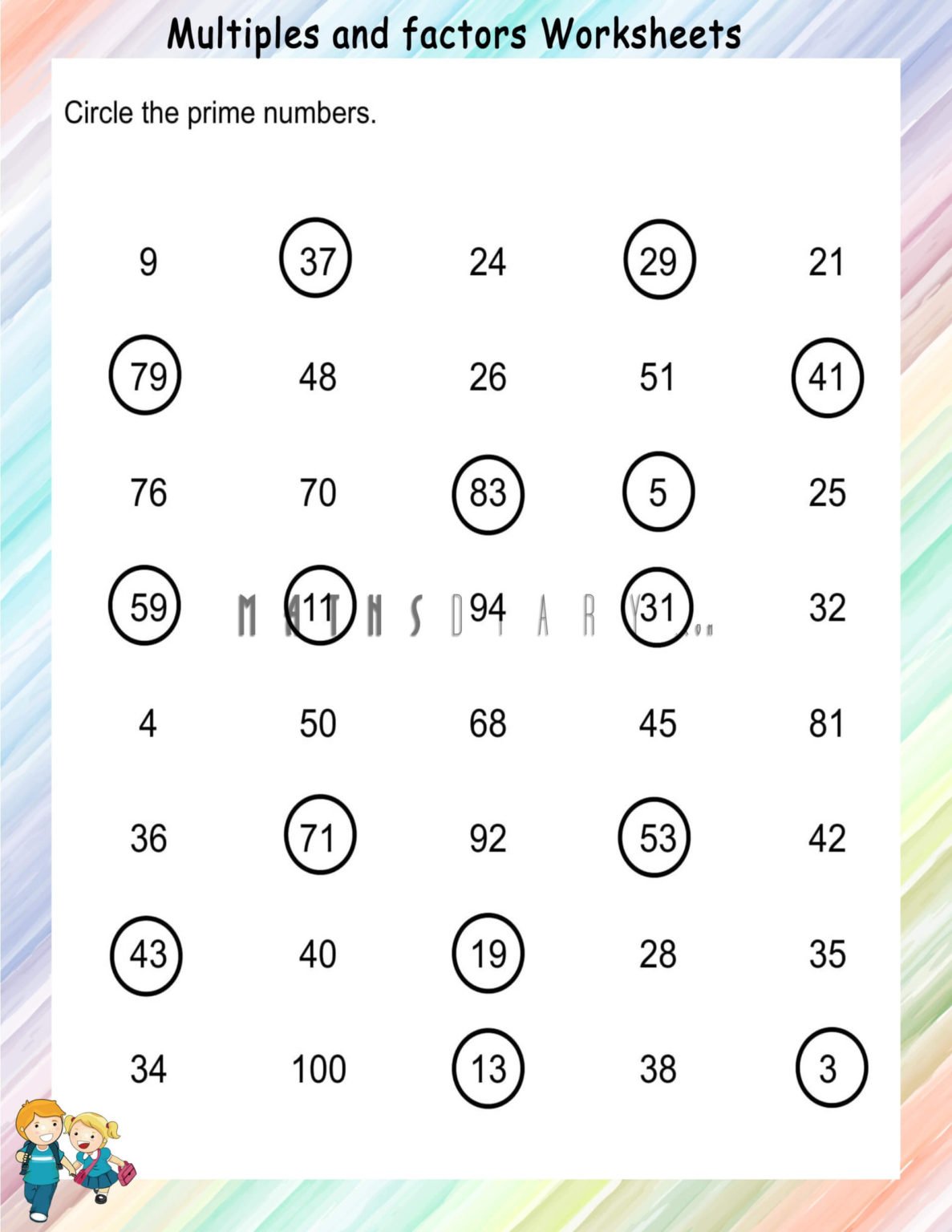 Circle prime numbers worksheets - Math Worksheets - MathsDiary.com