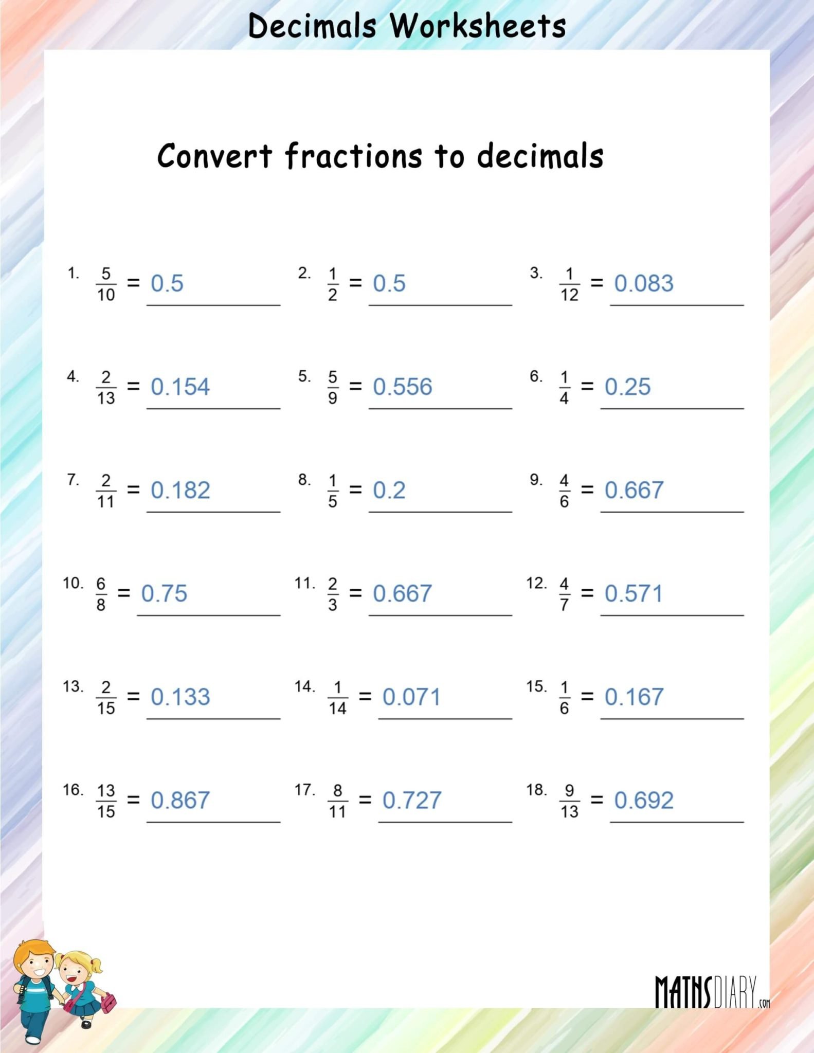 Convert fractions to decimals worksheets - Math Worksheets - MathsDiary.com