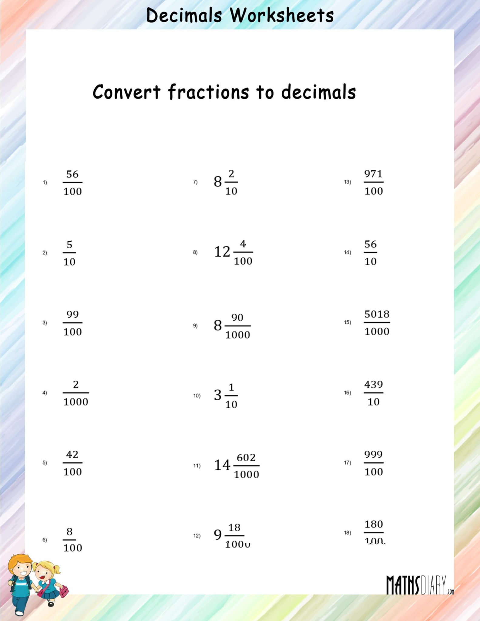 Convert fractions to decimals worksheets - Math Worksheets - MathsDiary.com