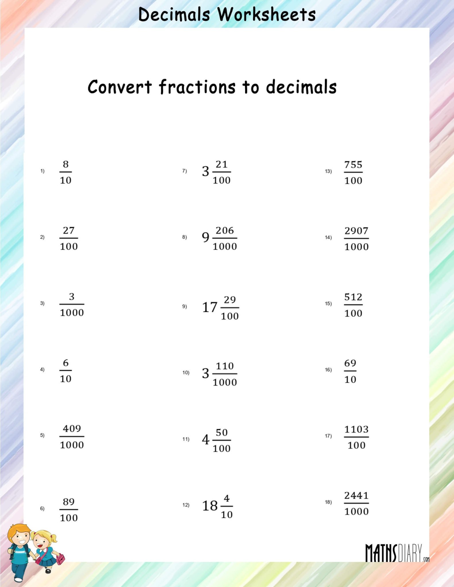 Convert fractions to decimals worksheets - Math Worksheets - MathsDiary.com