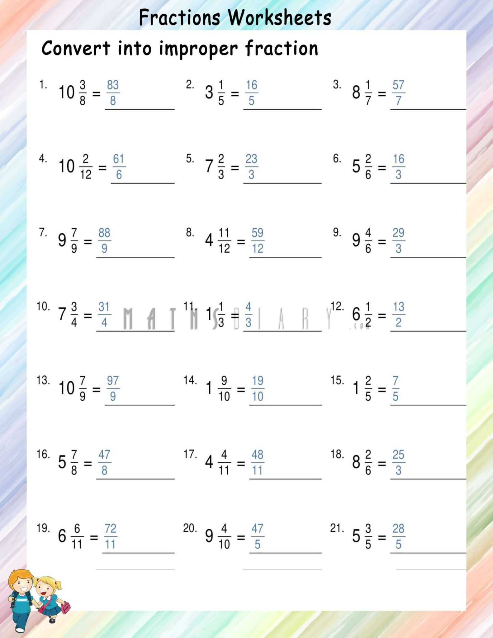 Convert Mixed fractions to Improper fractions worksheets - Math ...