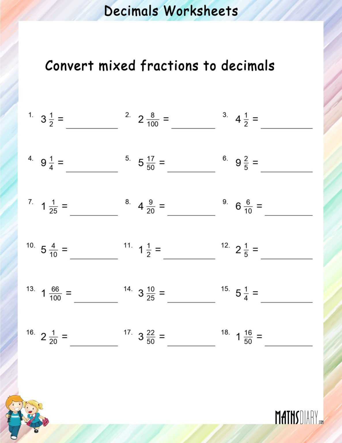 Convert mixed fractions to decimals worksheets - Math Worksheets ...