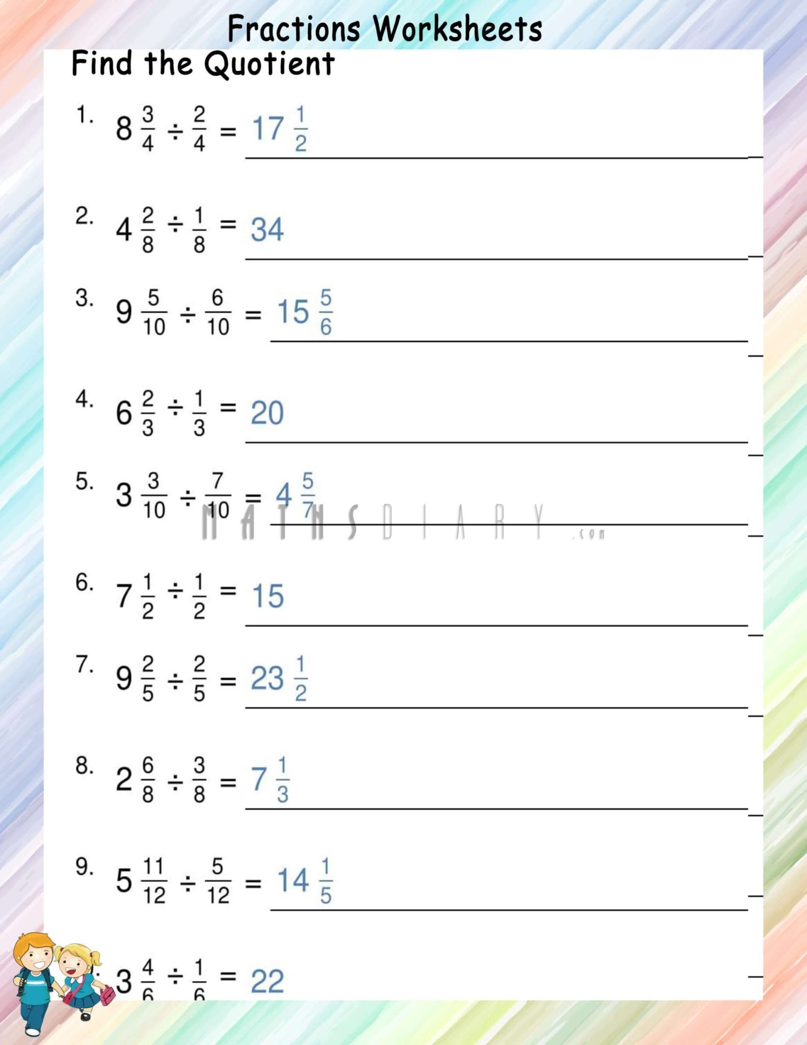 Division of mixed fractions by simple fractions- Worksheets - Math ...