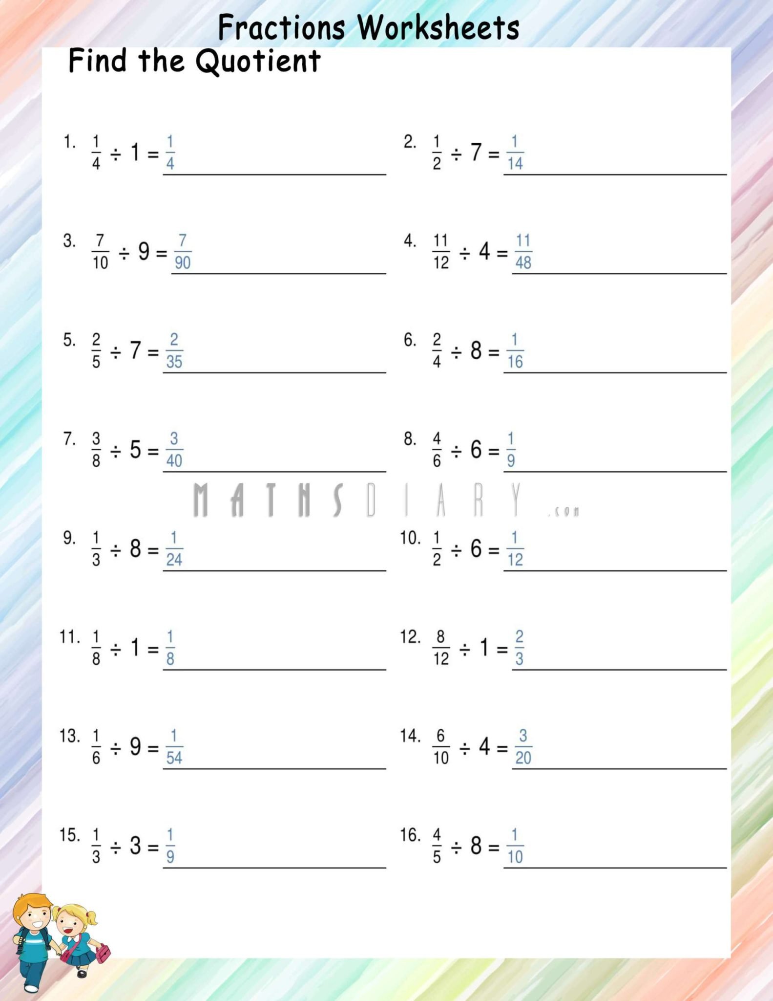Dividing proper fractions by whole numbers worksheets - Math Worksheets ...
