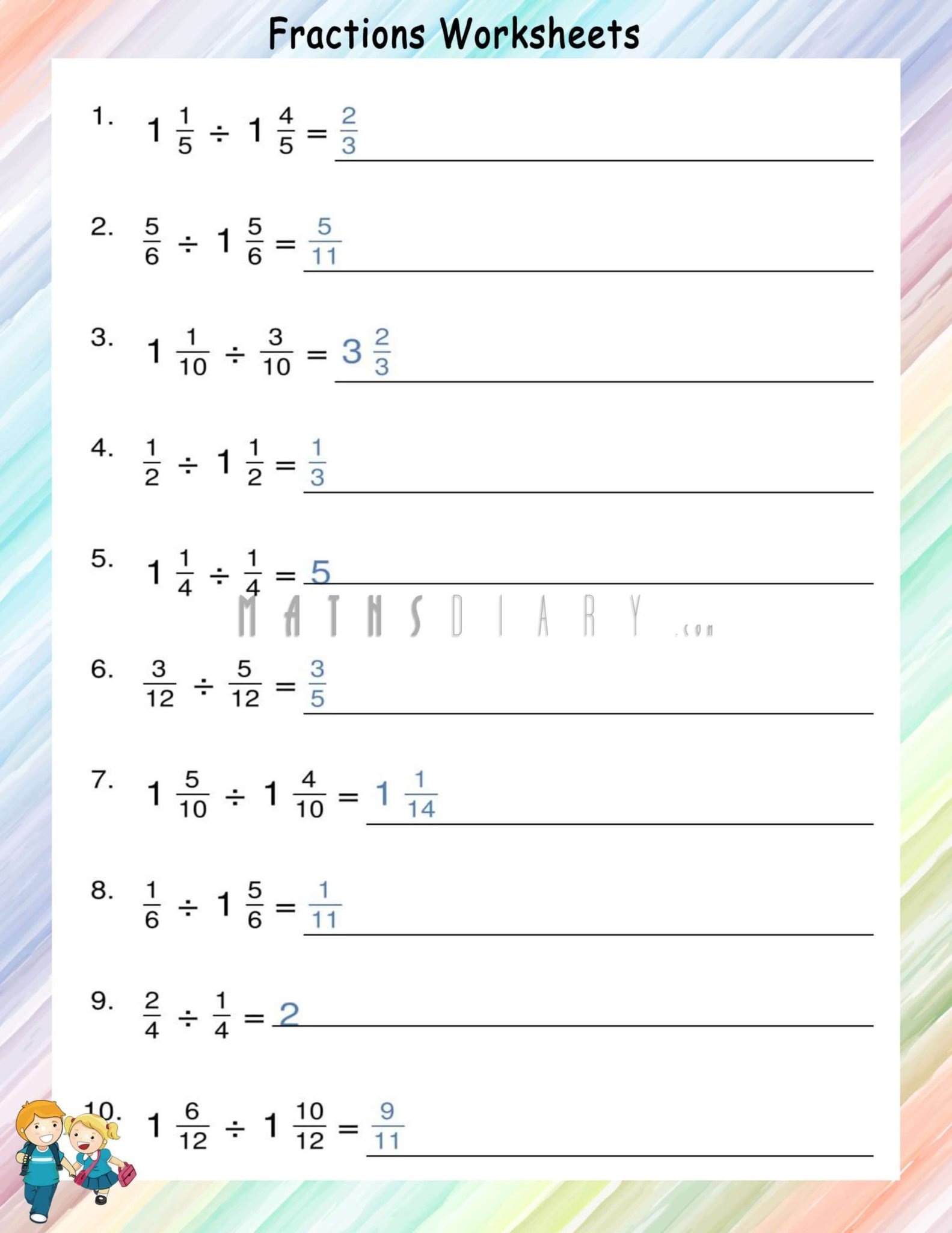 Division of fractions worksheets - Math Worksheets - MathsDiary.com
