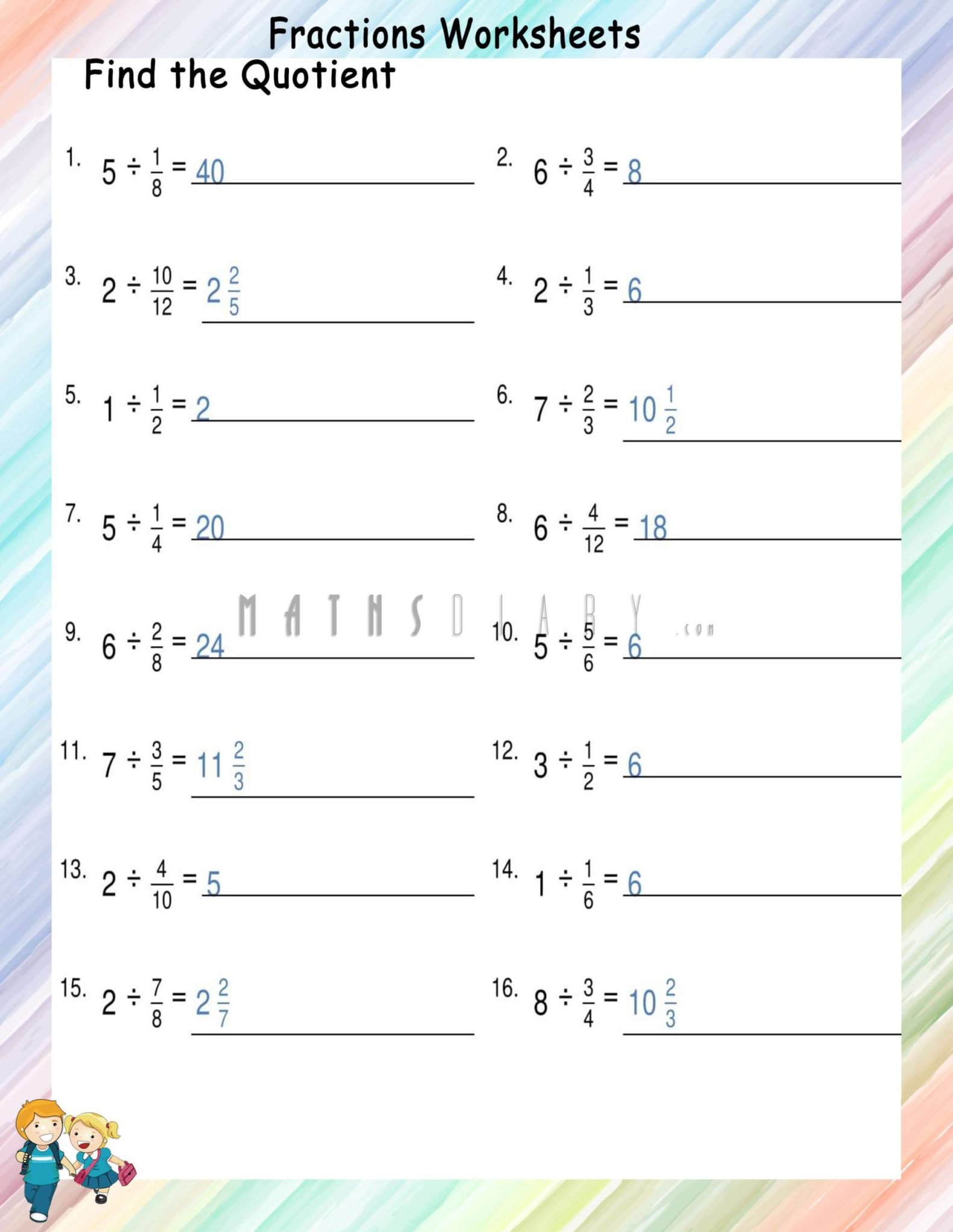 Division of whole number by proper fraction worksheets - Math ...
