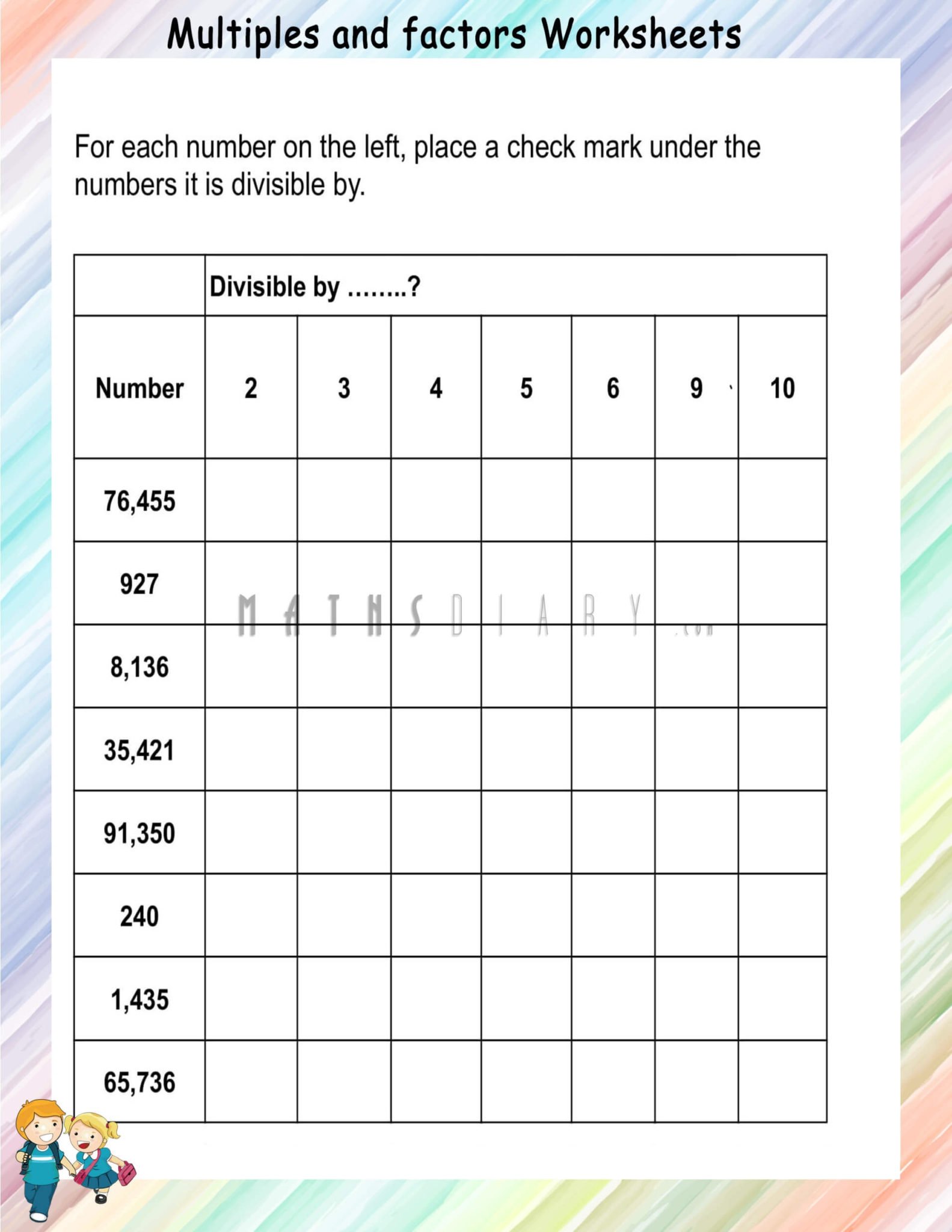 Divisibility Rules Worksheets - Math Worksheets - Mathsdiary.com