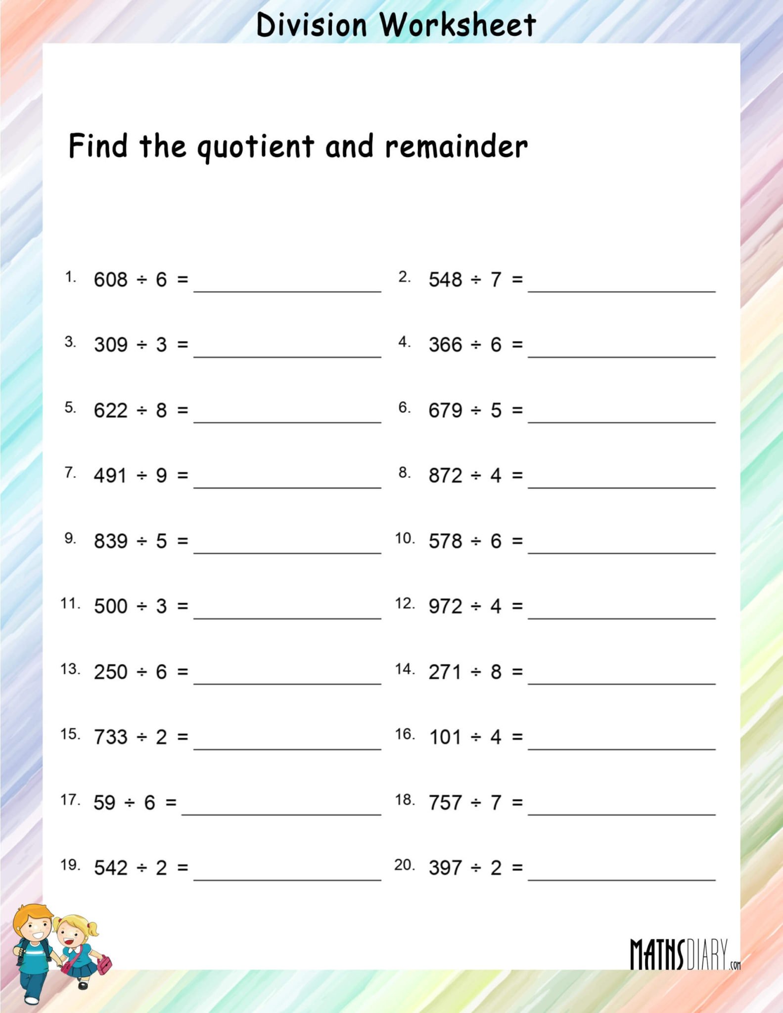 Find Quotient and Remainder Worksheets - Math Worksheets - MathsDiary.com