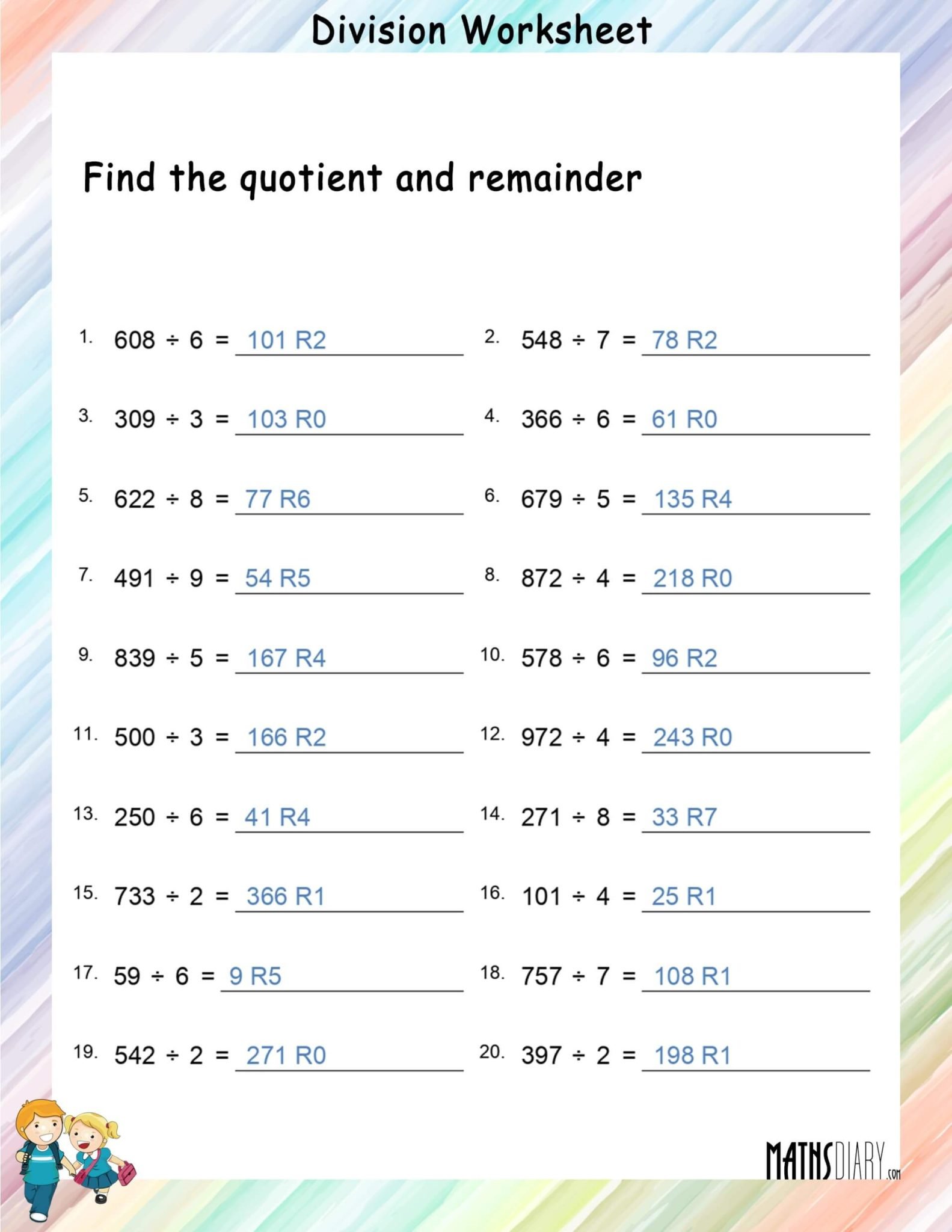 Find Quotient and Remainder Worksheets - Math Worksheets - MathsDiary.com