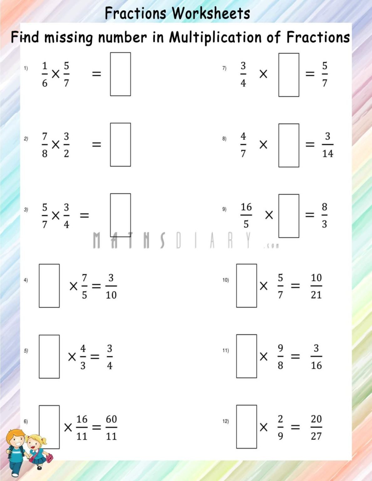 Multiplying fractions with missing factors - Math Worksheets ...