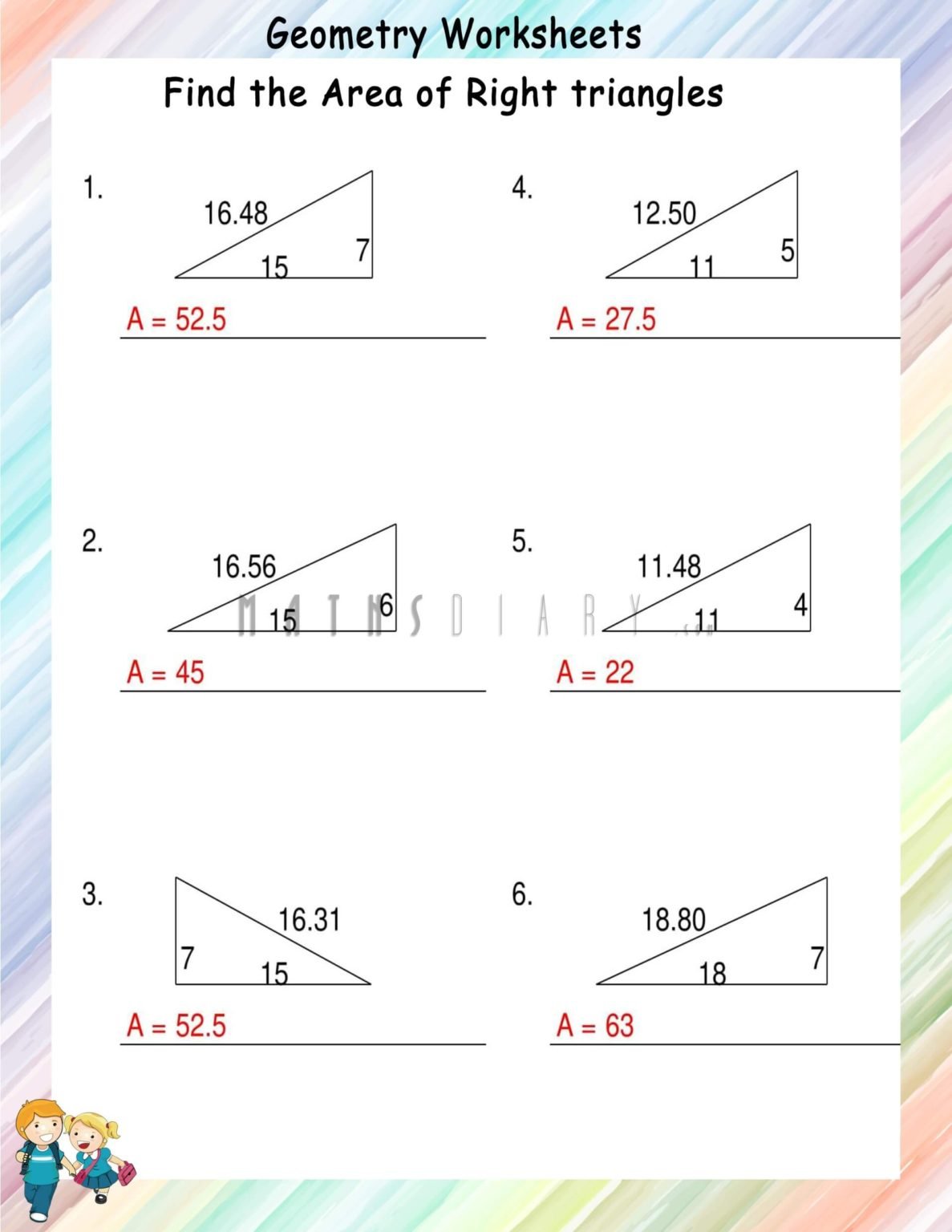 Finding Area of right triangles worksheets - Math Worksheets ...