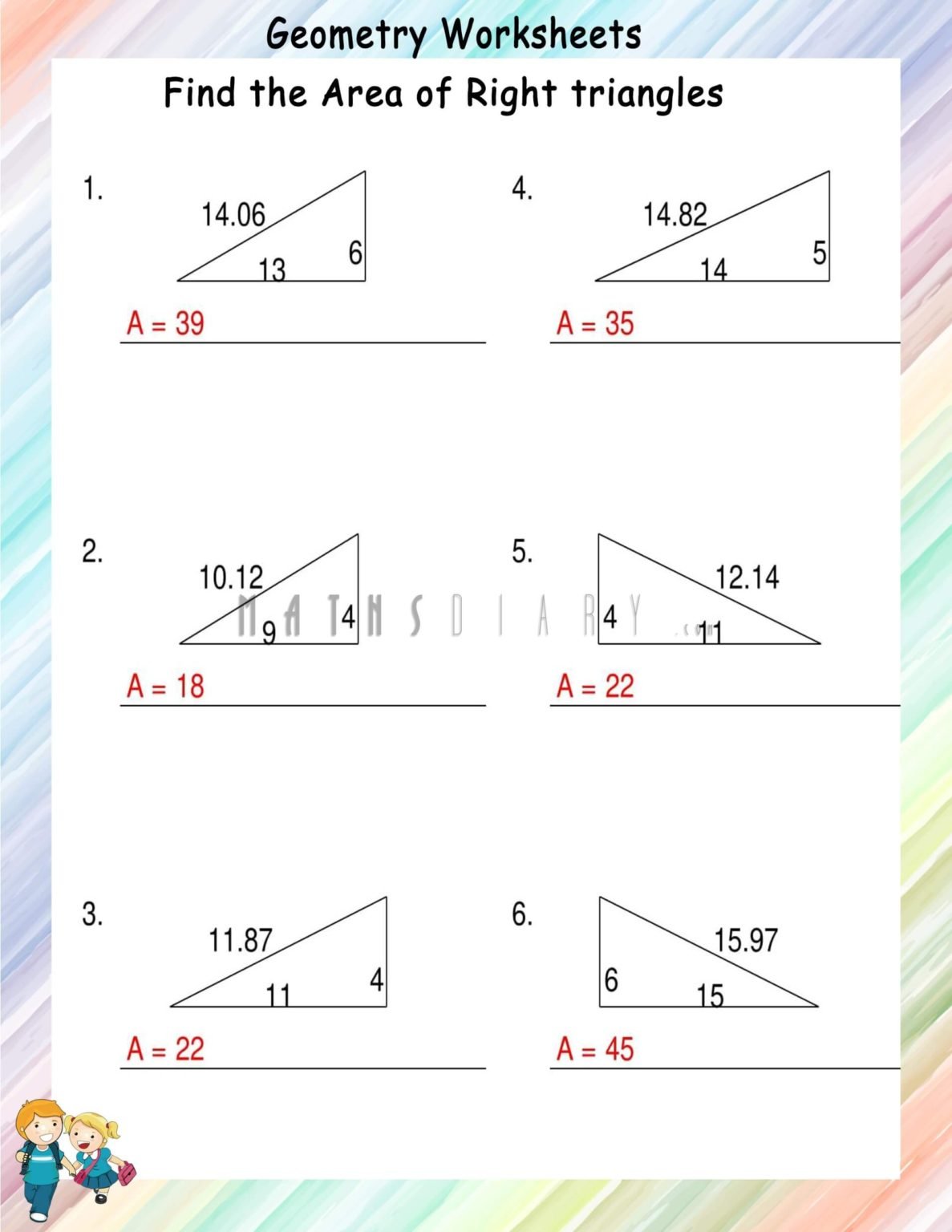 Finding Area of right triangles worksheets - Math Worksheets ...