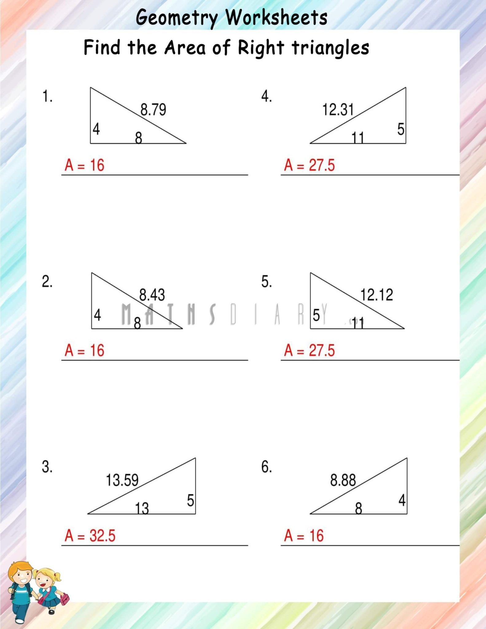 Finding Area of right triangles worksheets - Math Worksheets ...
