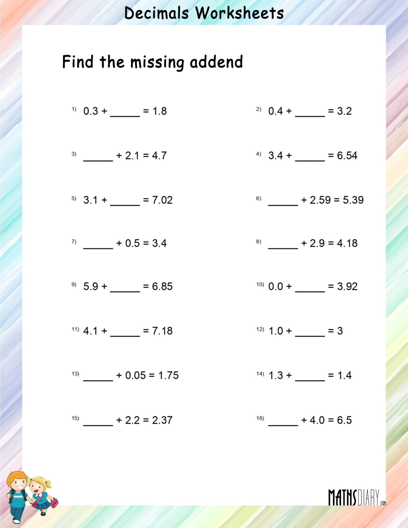 Find the missing addend in addition of Decimal numbers - Math ...
