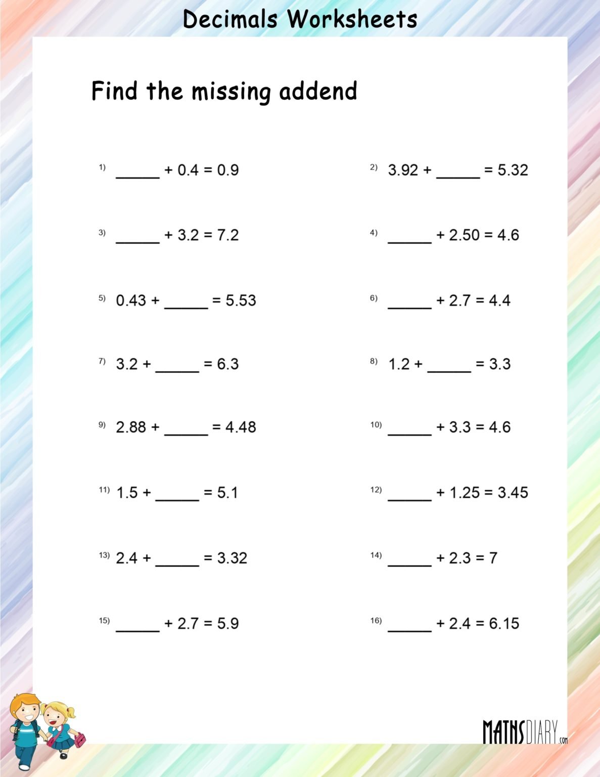 Find the missing number in addition of Decimal numbers - Math ...
