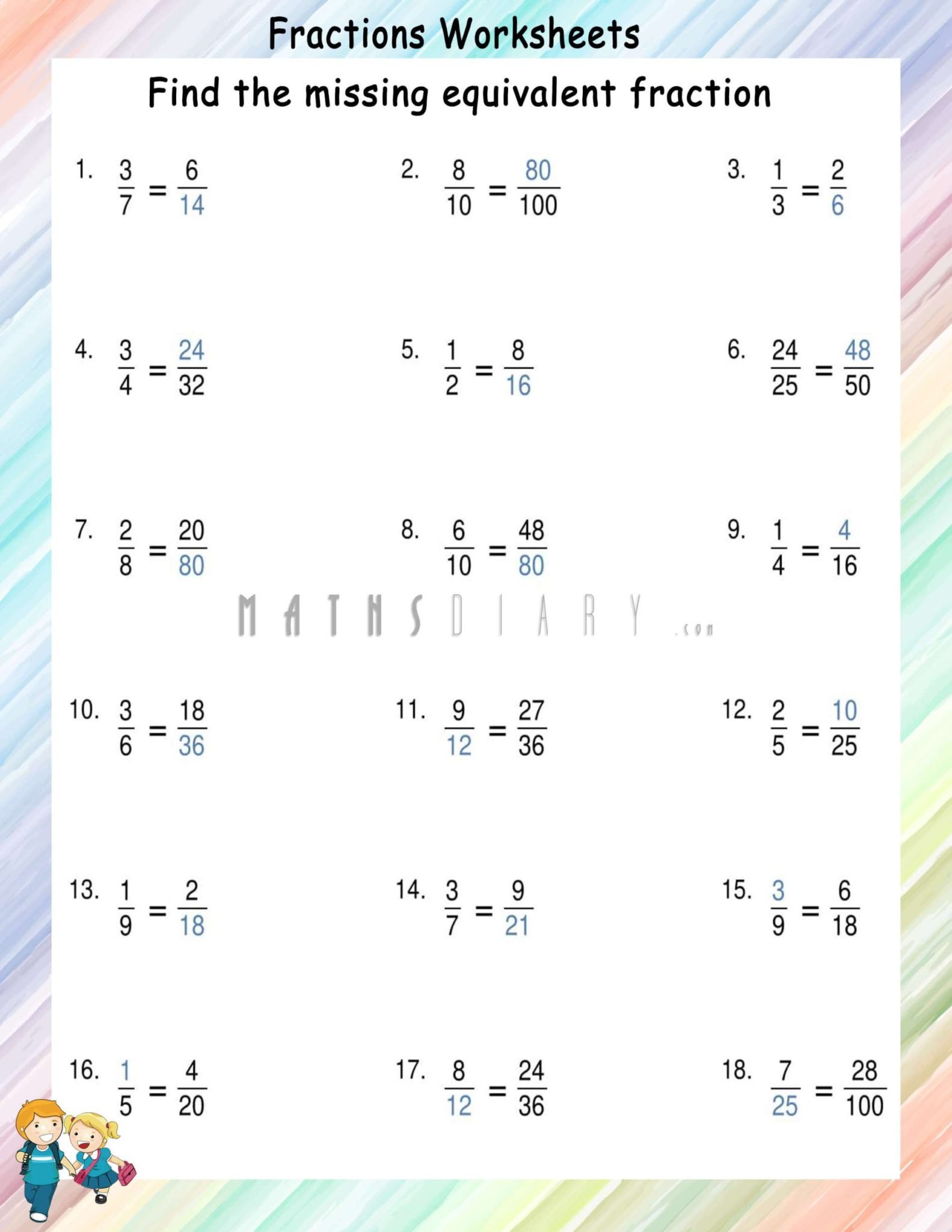 Finding missing equivalent fraction - Math Worksheets - MathsDiary.com