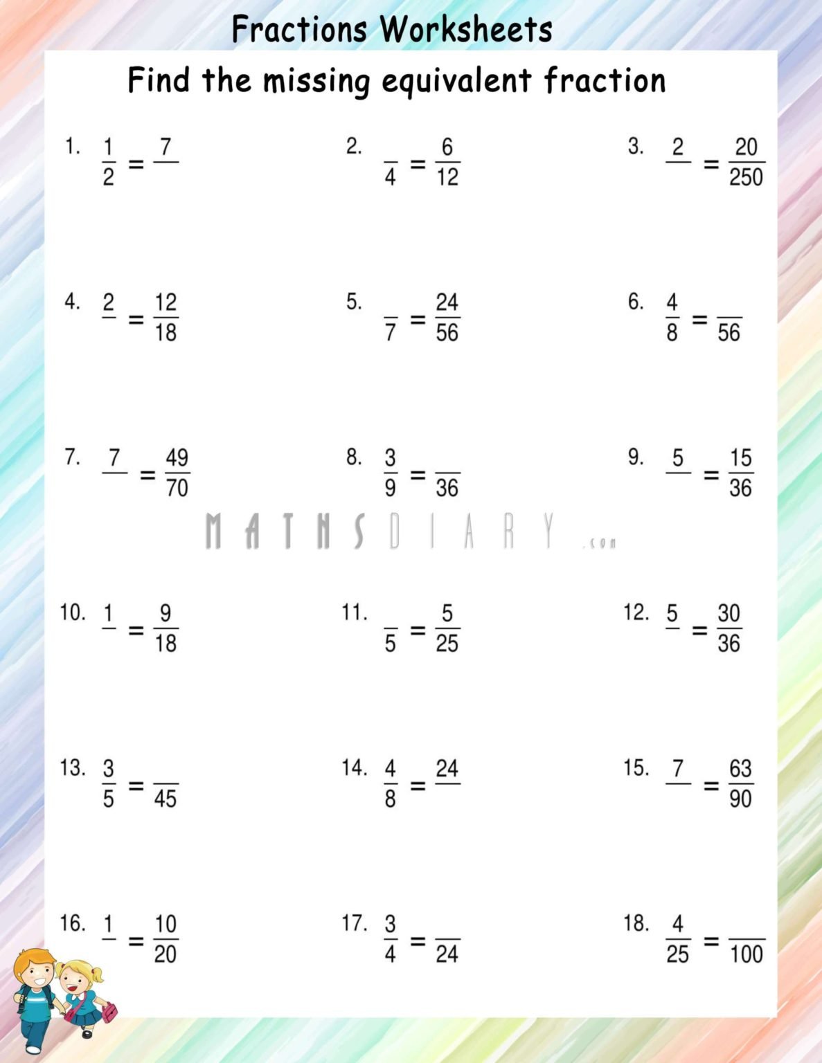 Finding missing equivalent fraction - Math Worksheets - MathsDiary.com