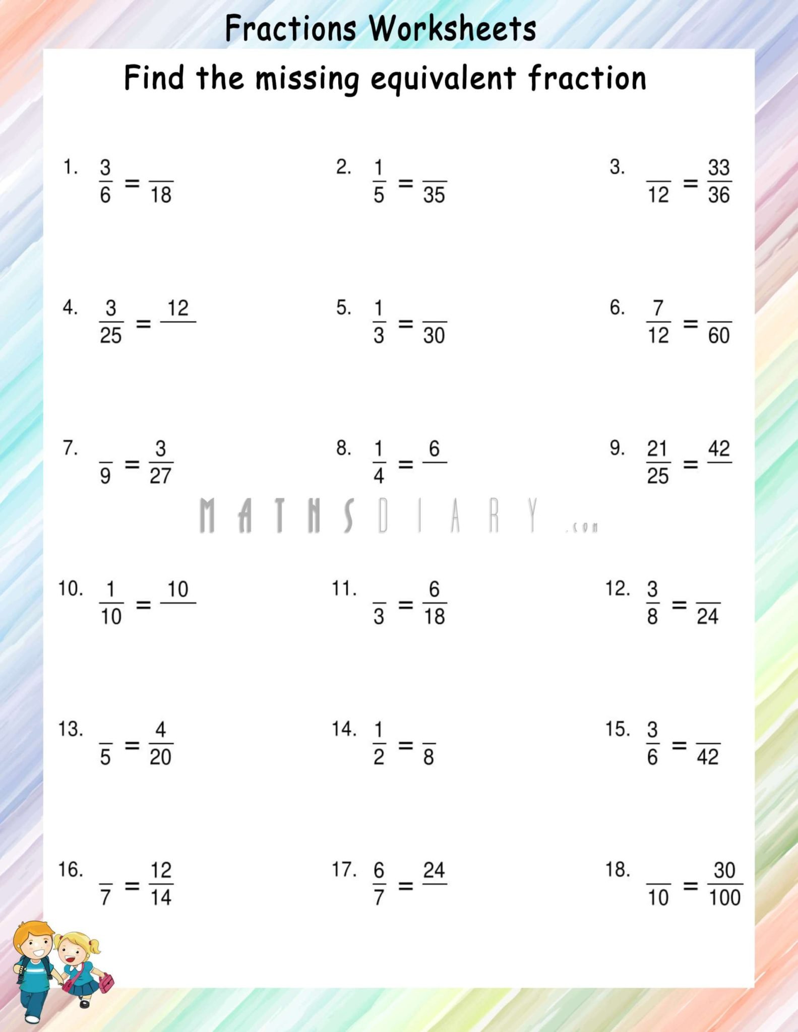 Finding missing equivalent fraction - Math Worksheets - MathsDiary.com