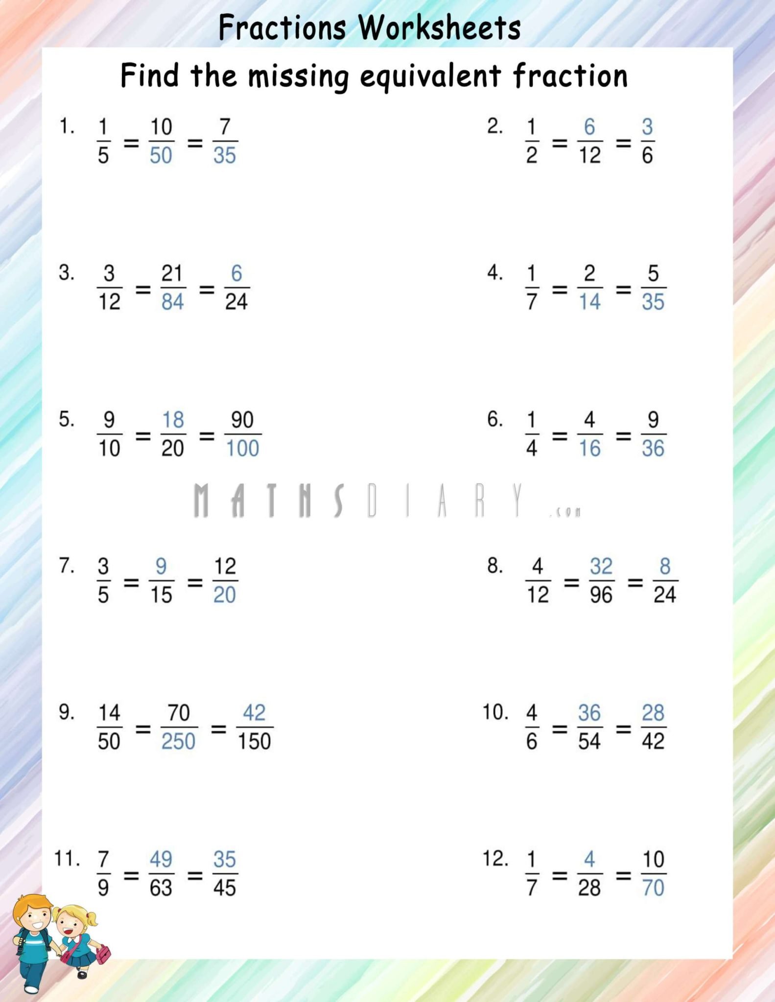 Finding Multiple Missing Equivalent fractions - Math Worksheets ...