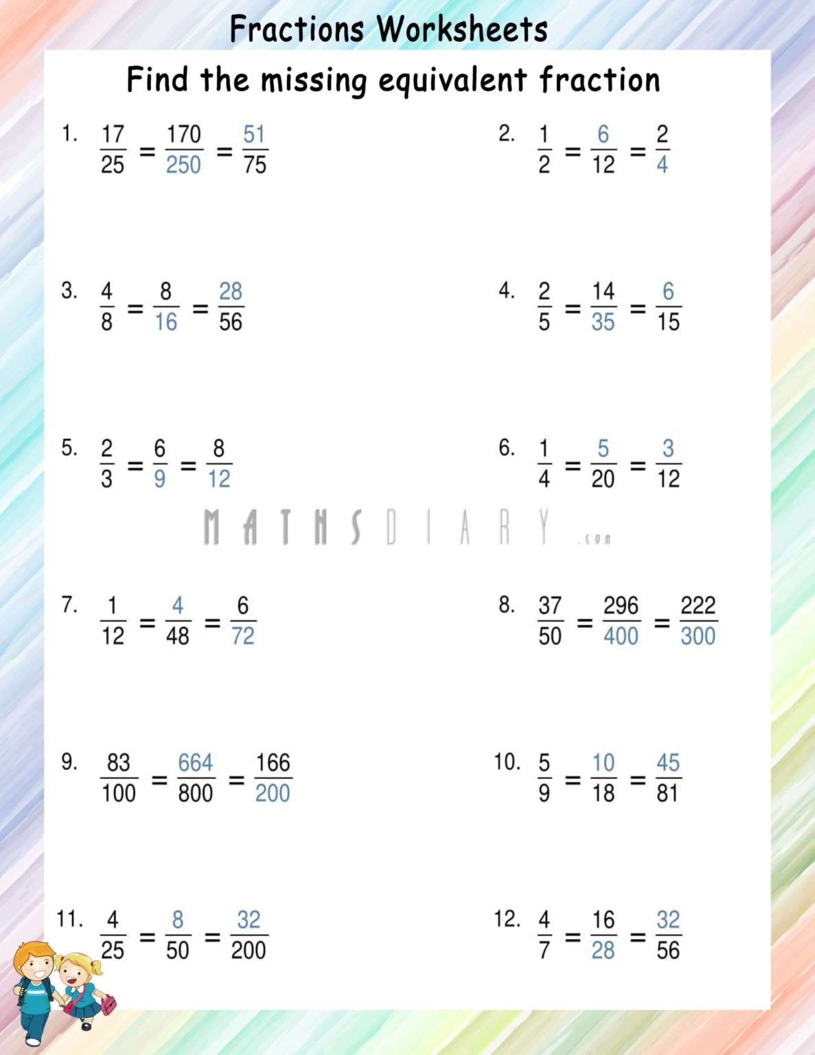 Finding Multiple Missing Equivalent fractions - Math Worksheets ...