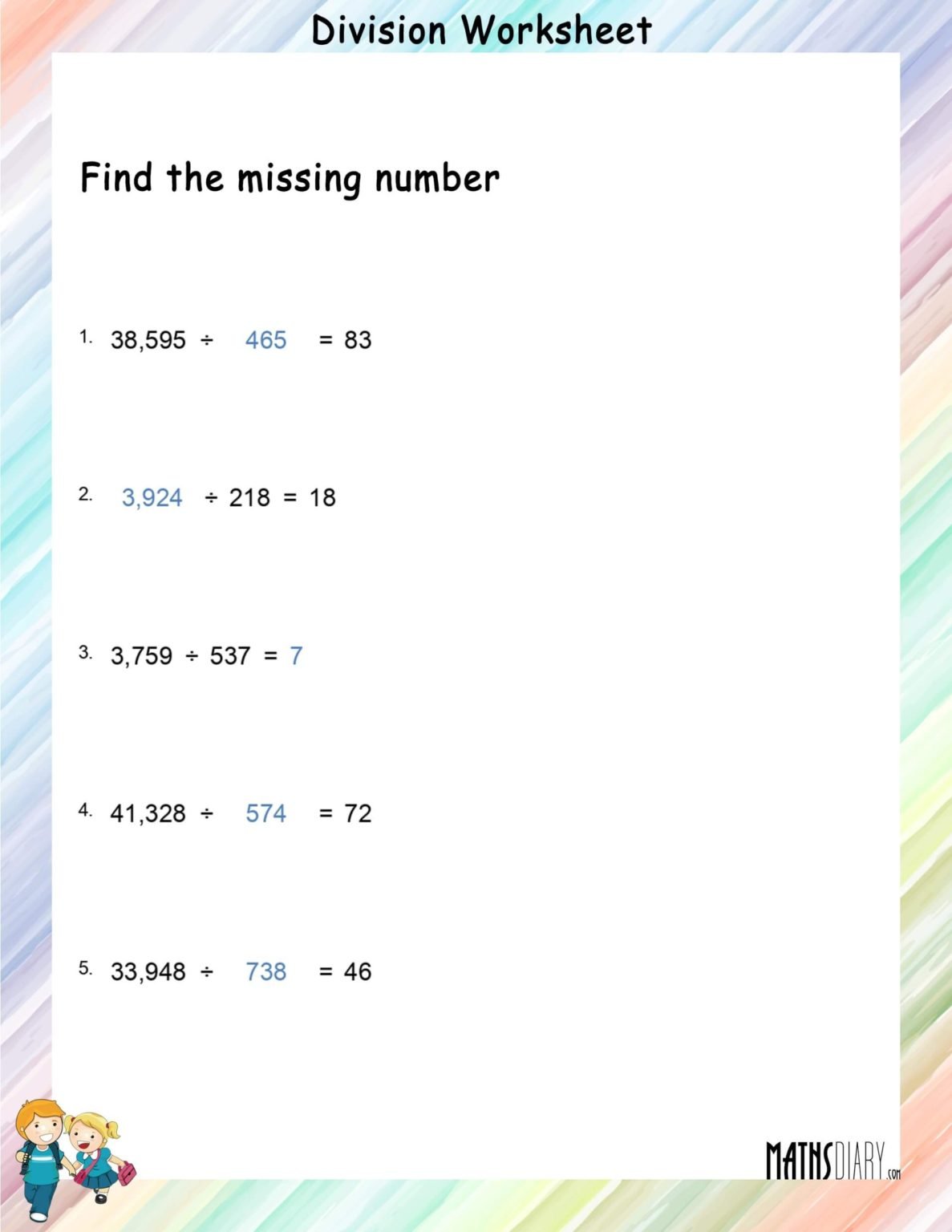 Find the missing number – Division Worksheets - Math Worksheets ...